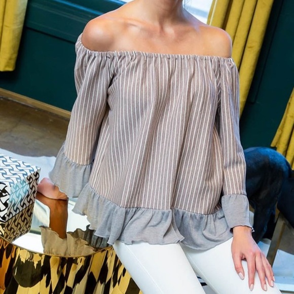 THML | Tops | Thml Off Shoulder Stripe Knit Ruffle Stretch Top M | Poshmark